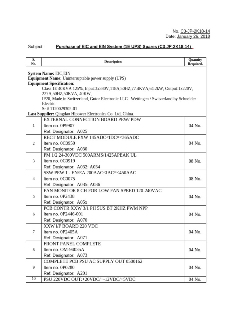Purchase of EIC and EIN System (1E UPS) Spares (C3-JP-2K18-14) | PDF ...