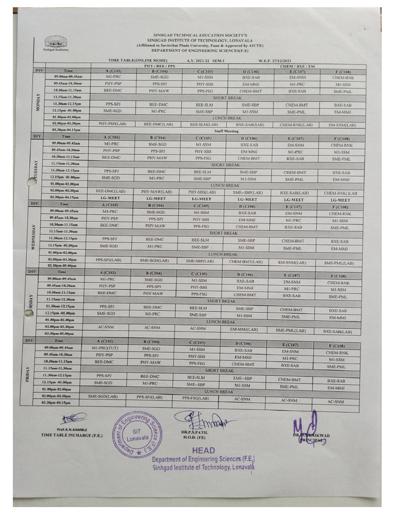 Fe Master Time Table Sem-I 2021-22 | PDF