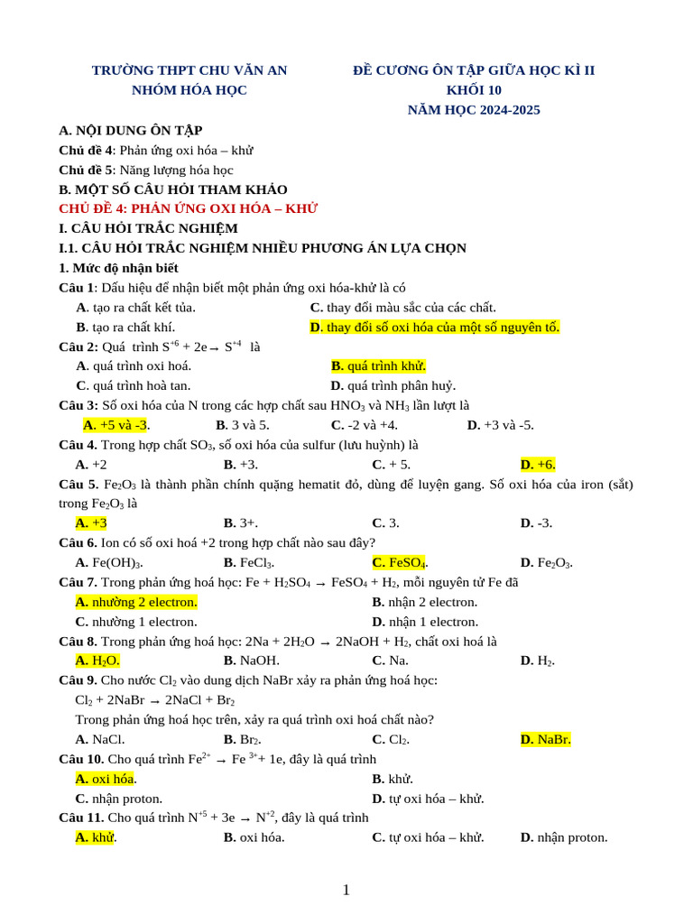 Hóa 10 Không Chuyên - Đề Cương GK2-HS | PDF