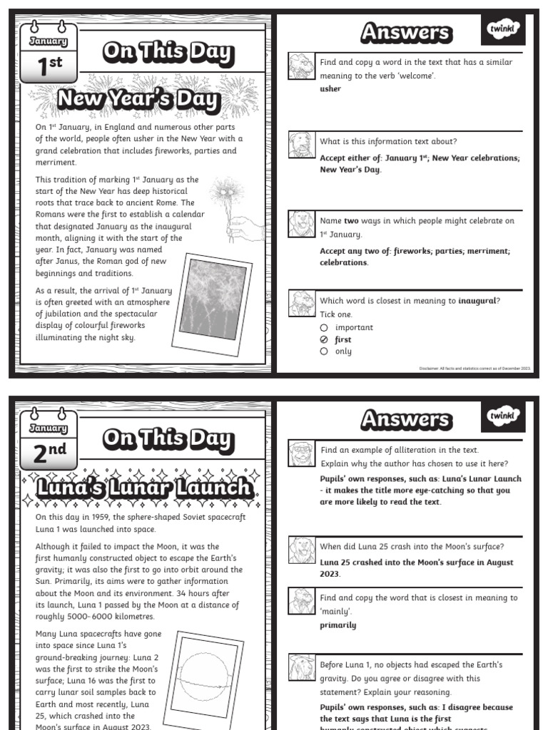 On This Day - January - Answers | PDF | Moon | Christmas