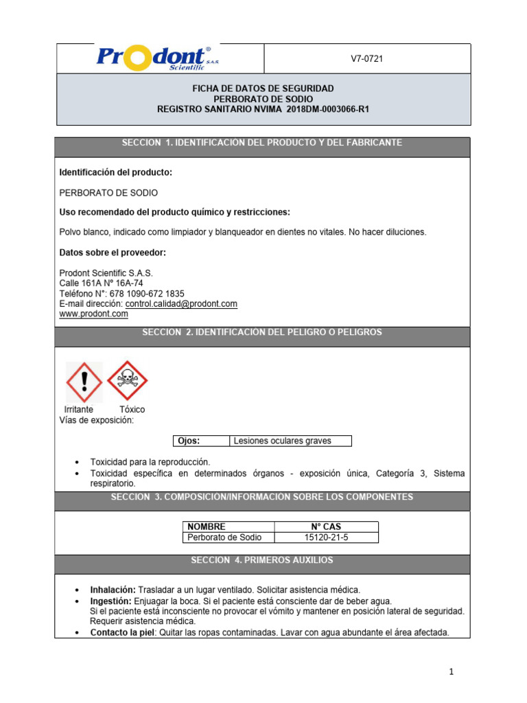 Hoja de Seguridad Perborato de Sodio PDF 2021 | PDF | Agua | Toxicidad