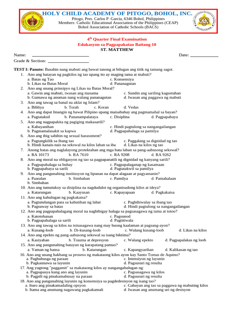 ESP 10 4th Quarter Final Exam | PDF