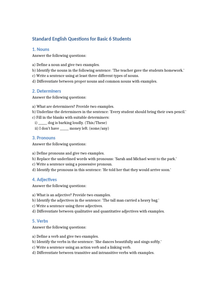 Standard English Questions Basic 6 | PDF | Verb | Noun