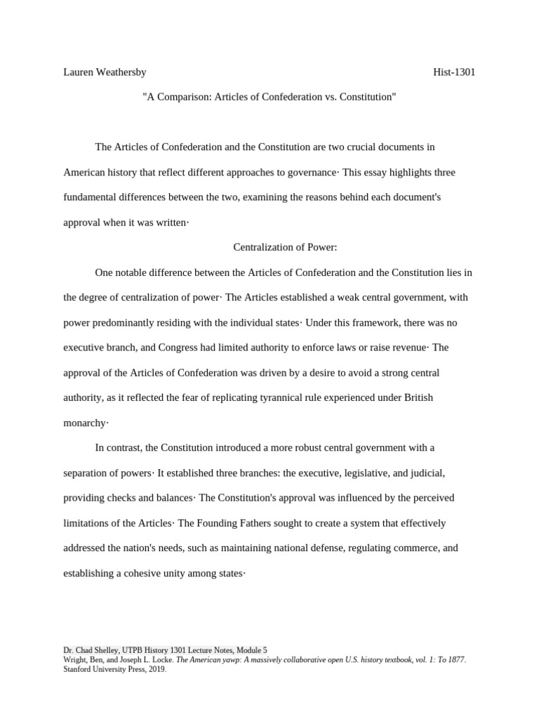 A Comparison- Articles of Confederation vs. Constitution | PDF ...