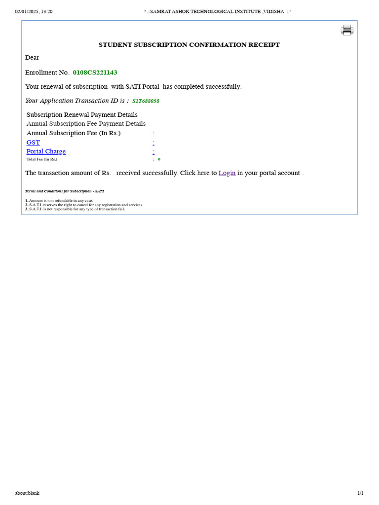 Student Subscription Confirmation Receipt | PDF