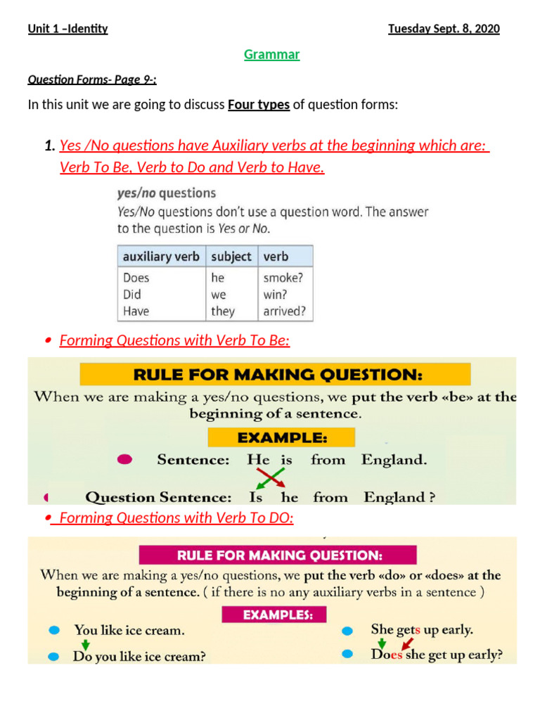 Unit 1 Identity Gramma Question Forms | PDF