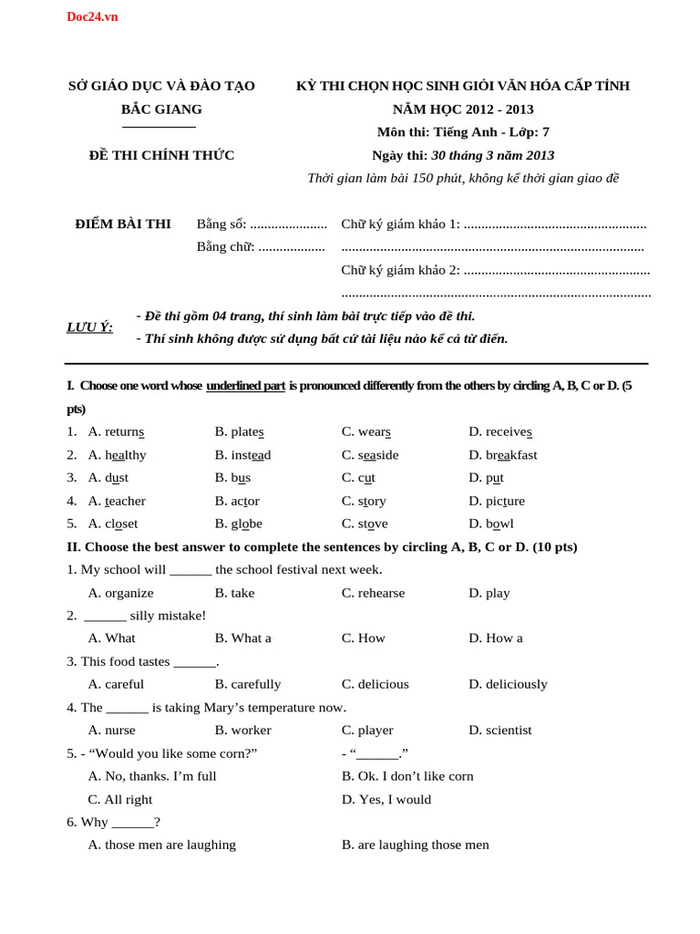 (Lib24.Vn) de Thi Chon Hoc Sinh Gioi Mon Tieng Anh Lop 7 Tinh Bac Giang Nam Hoc 2012 2013 Co Dap ...