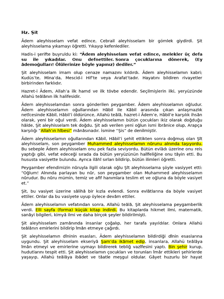 Hz.İdris, Hz. Şit Ve HZ - Salih | PDF