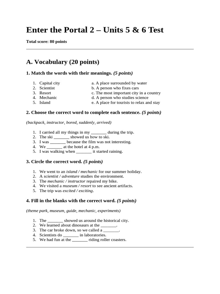 Enter the Portal 2 Units 5 & 6 Test | PDF | Linguistics