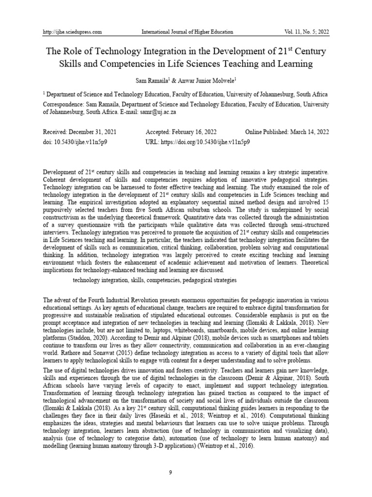 The Role of Technology Integration in The Development of 21 Century Skills and Competencies in ...