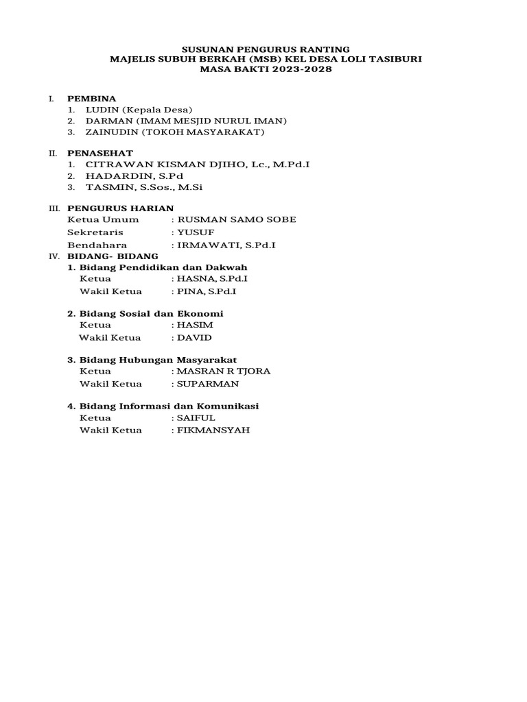 Susunan Pengurus Ranting MSB | PDF