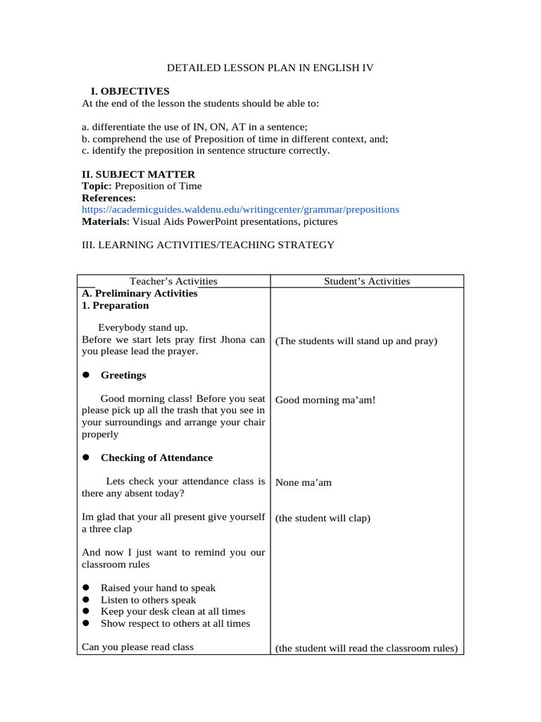 Prepositions of Time Lesson Plan | PDF | Verb | Lesson Plan