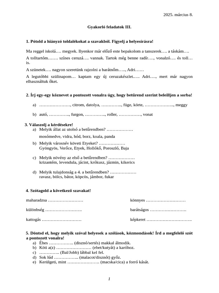 Nyelvtan Gyakorló Feladatok 4. Osztály | PDF