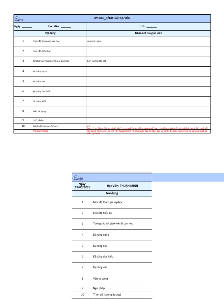 SW - Form Đánh Giá Học Viên Học Thử IP1-K19 | PDF