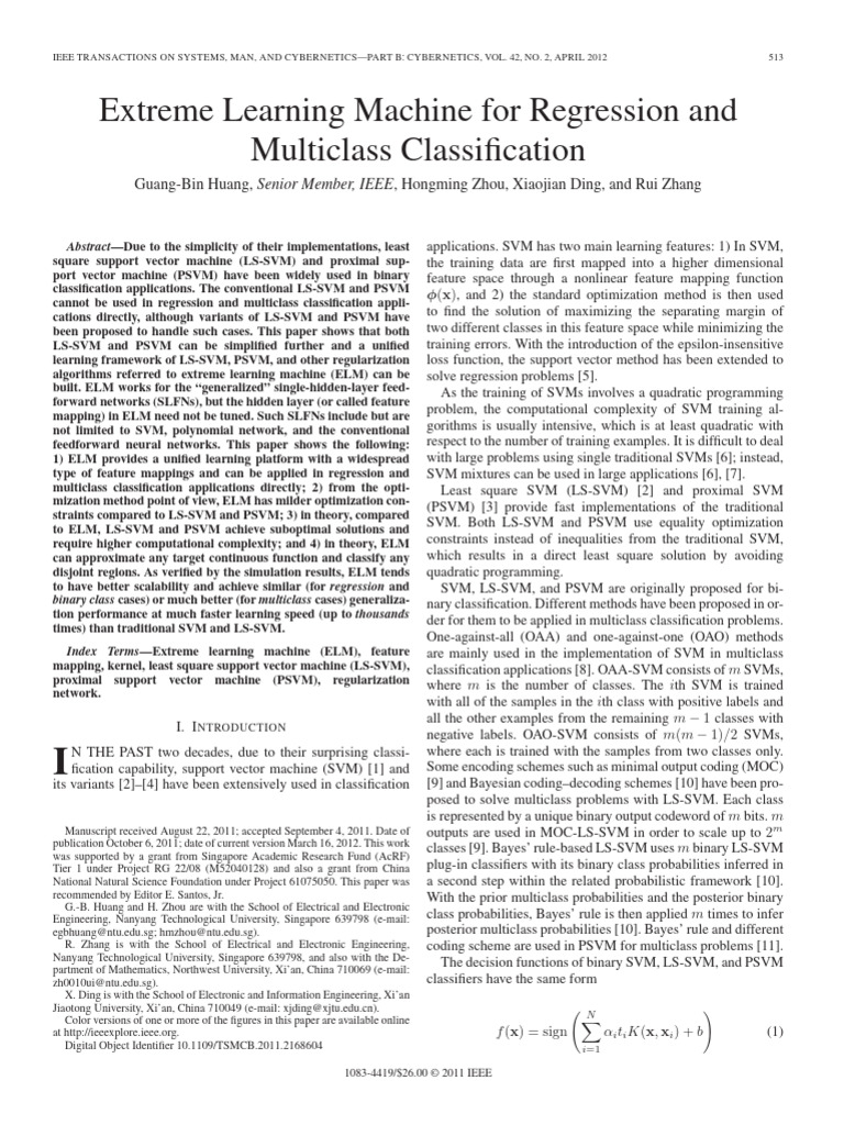 2012 - Huang et al. Extreme learning machine for regression and multiclass classification | PDF ...
