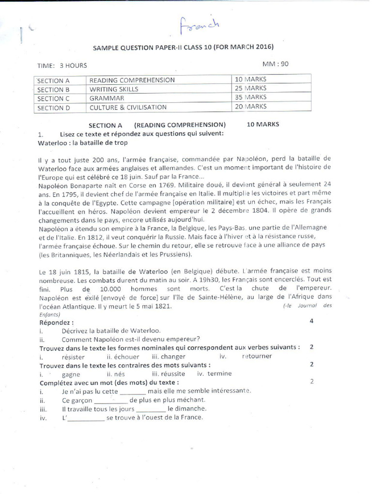CBSE Class 10 French Elective Sample Question Paper 2015-2016 | PDF