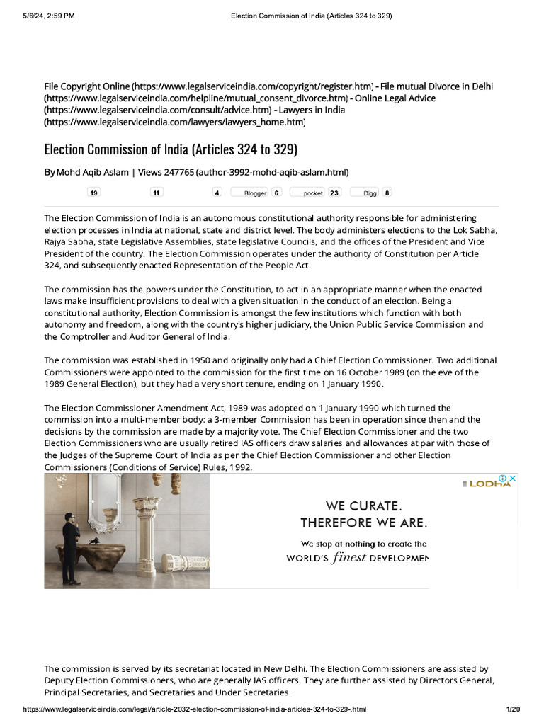 Election Commission of India (Articles 324 To 329) | PDF