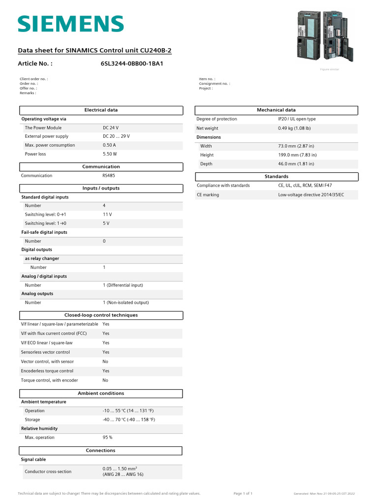 SINAMICS CU240B-2 Control Unit Data Sheet | PDF | Power Supply | Electromagnetism