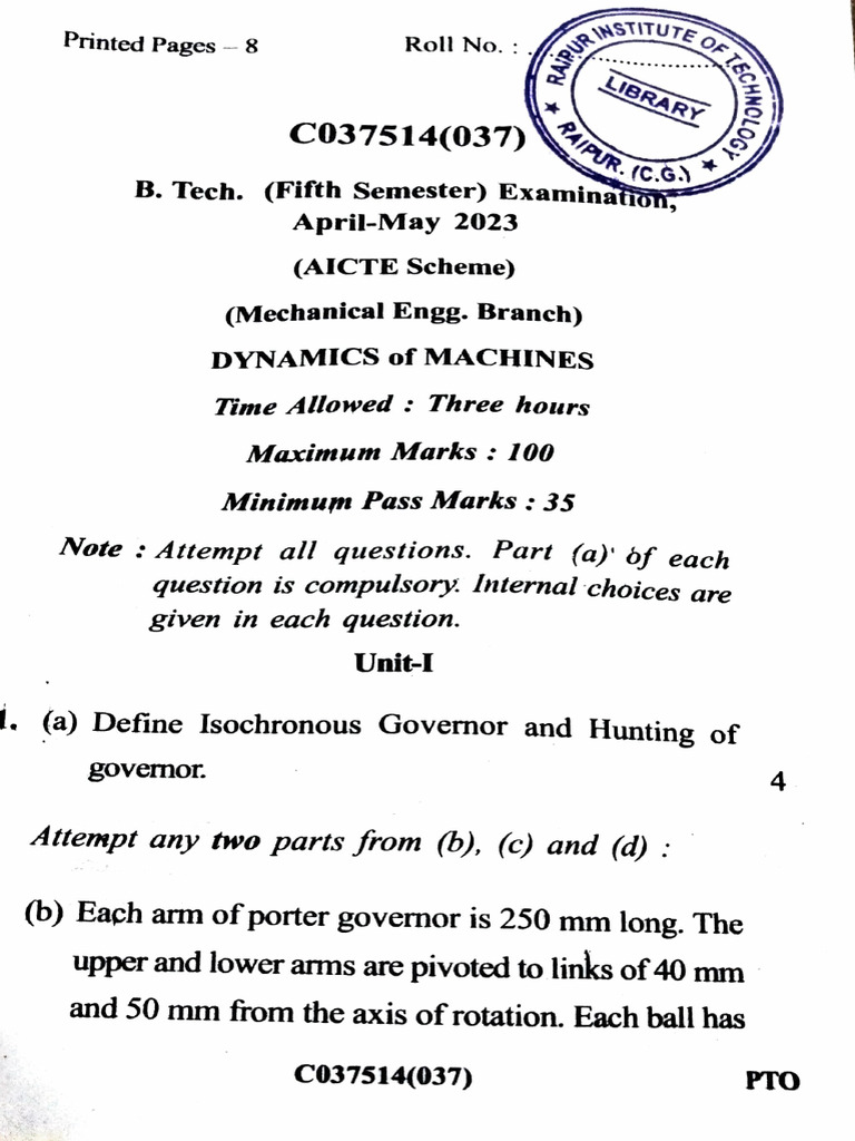 2023 Apr-May Dynamics of Machine (AICTE) | PDF | Gyroscope | Propeller