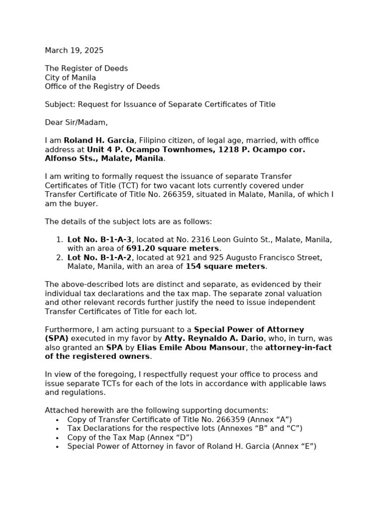 Request for Separate Title Certificates | PDF