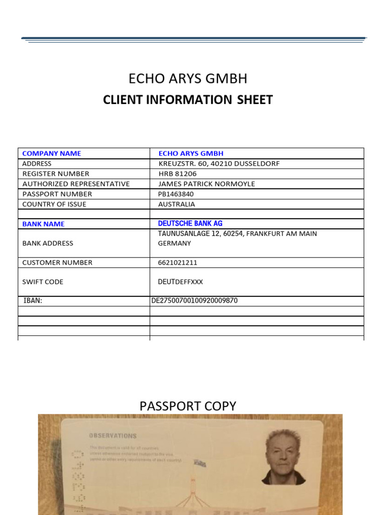 Echo Arys GmbH Client Information Sheet | PDF