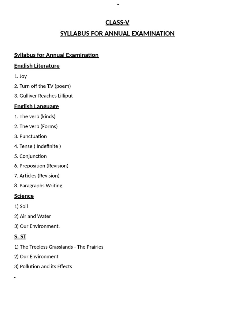 Syllabus For Annual Examination Class V | PDF