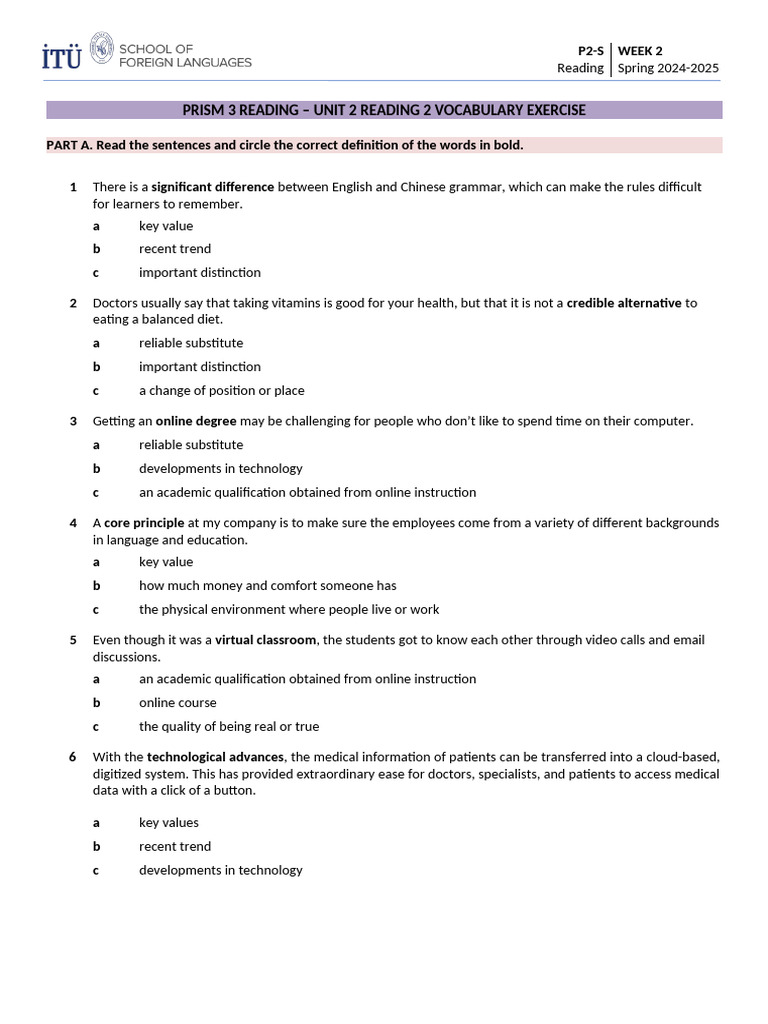 Prism 3 Reading - Unit 2 R2 Vocabulary Exercise (With Answer Key) | PDF | Distance Education ...