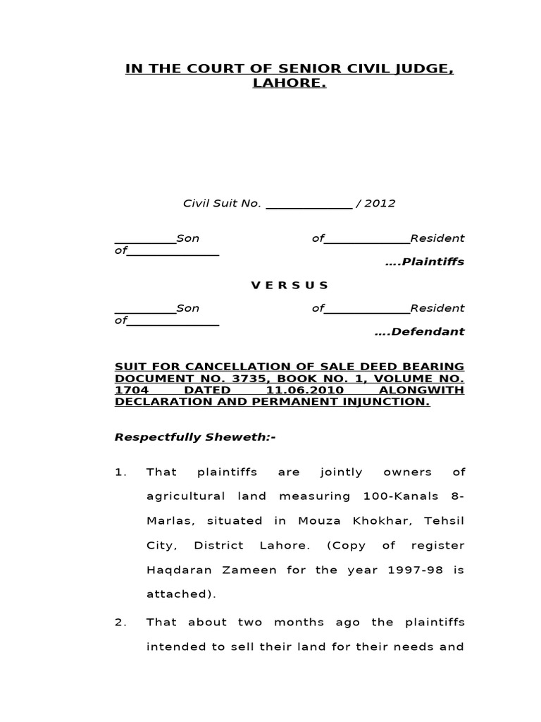 Suit for Cancellation of Sale Deed Along with Declaration and Permanent Injunction | PDF ...