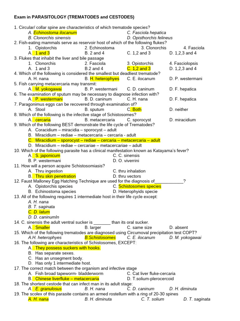 Trematodes and Cestodes Exam Review | PDF | Parasitology | Animals And ...