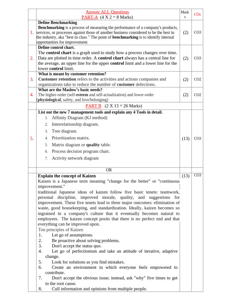 Answer key of TQM IAT-2 QP | PDF