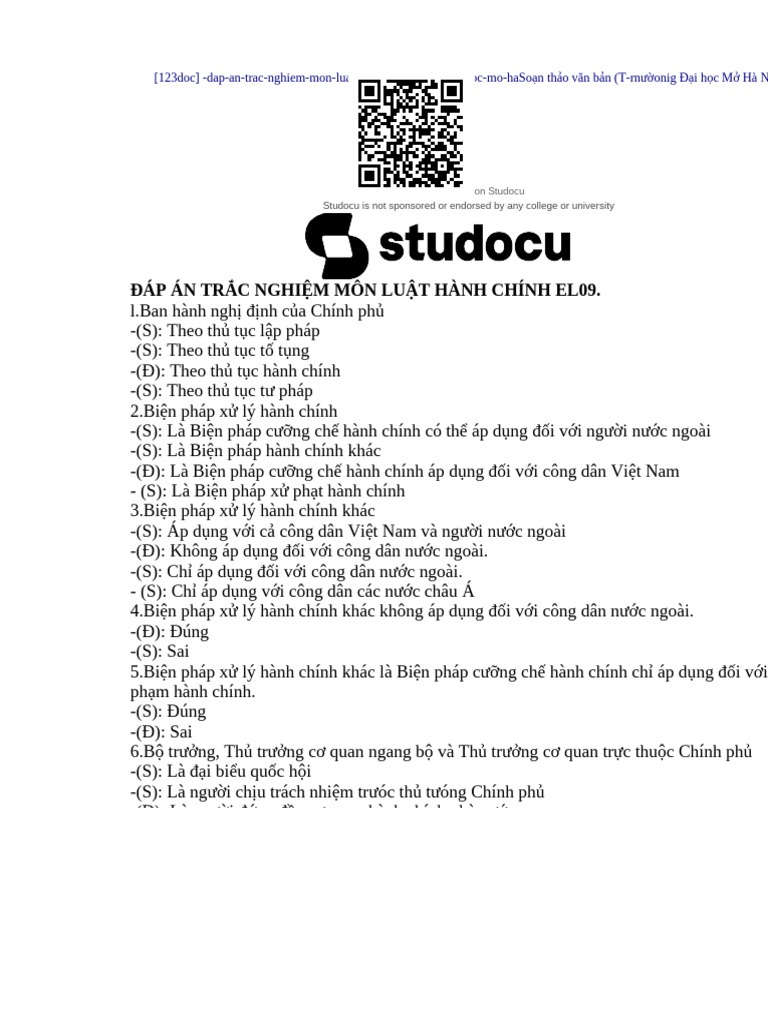 123doc Dap An Trac Nghiem Mon Luat Hanh Chinh El09 Dai Hoc Mo Ha Noi | PDF