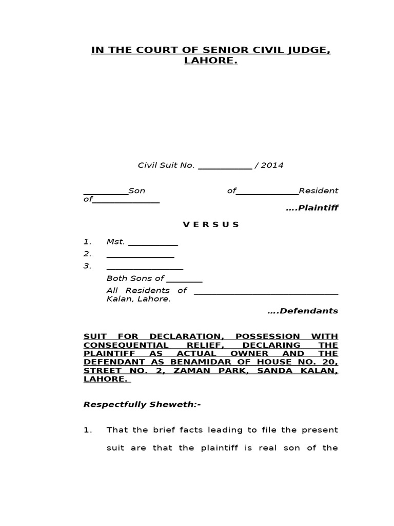 Suit For Declaration of The Plaintiff As Owner and The Defendant As ...