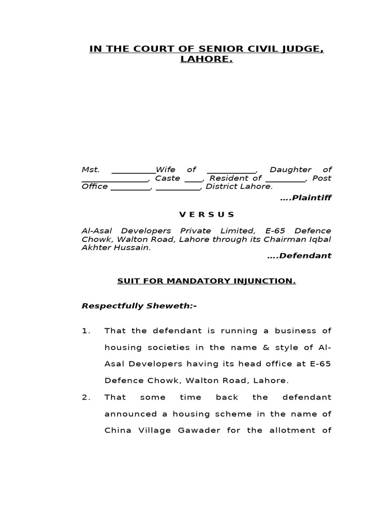 Suit for Mandatory Injunction in Lahore | PDF | Lawsuit | Affidavit