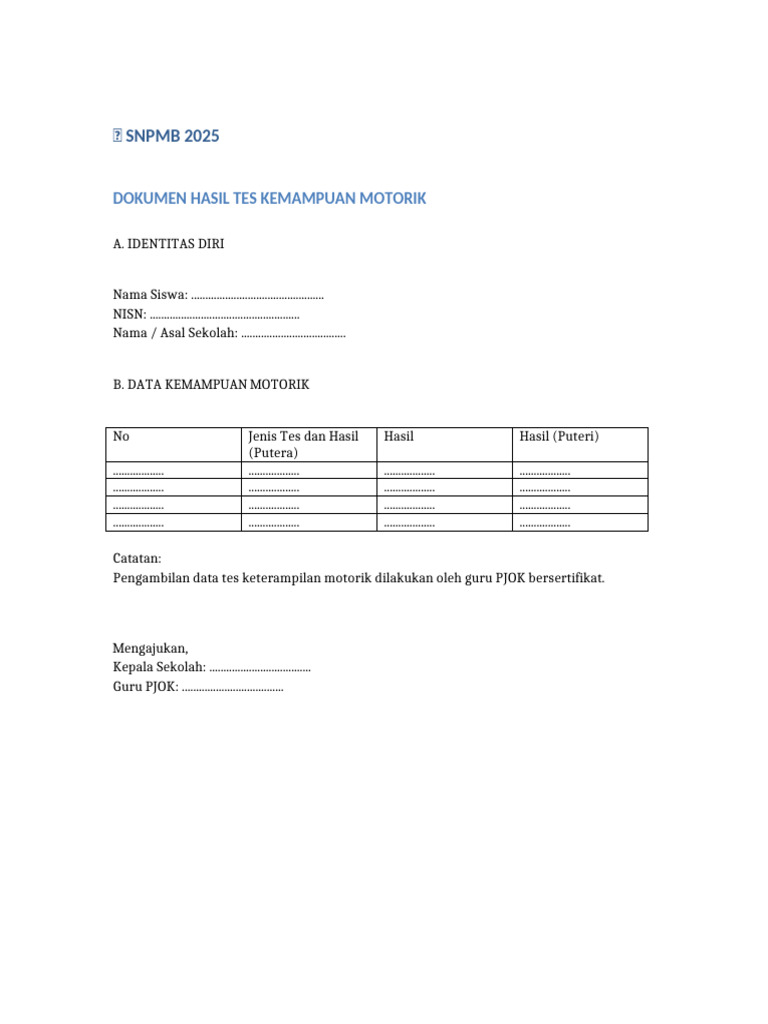 Dokumen Tes Kemampuan Motorik Kosong | PDF