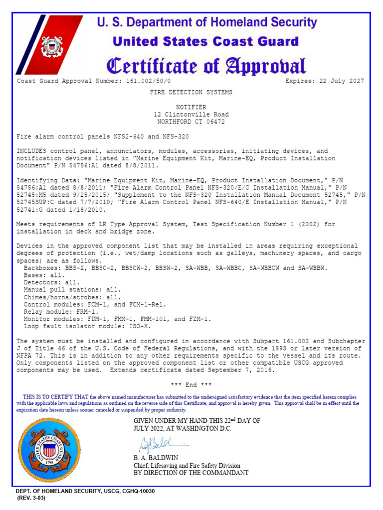 US Coast Guard Certificate of Approval NFS2-640 NFS-320 | PDF | Safety