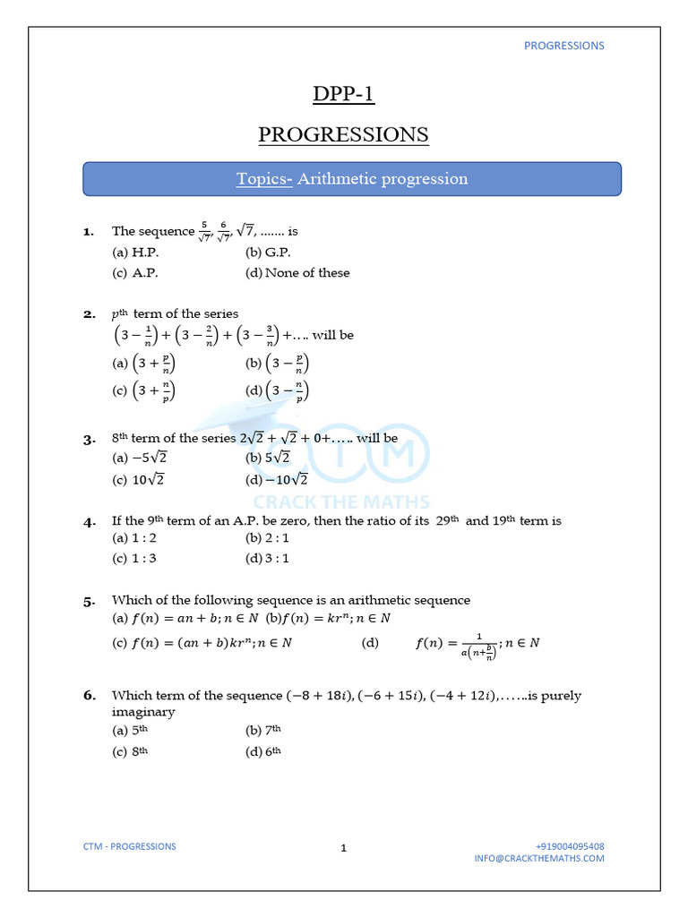 DPP-1 Arithmetic Progression PDF | PDF | Mathematics | Mathematical Analysis