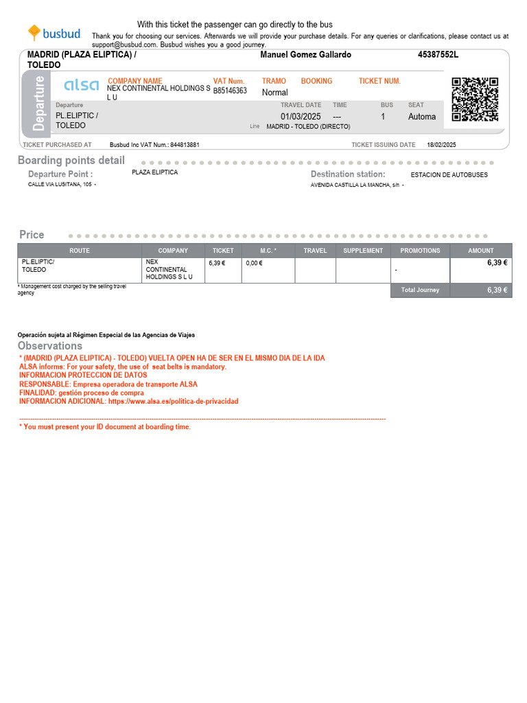From Estacion de Autobuses de Toledo 01 Mar 2025 Ticket1 | PDF | Transport | Public Transport