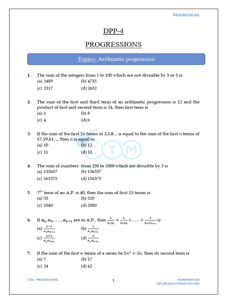 DPP-4 Arithmetic Progression PDF | PDF | Mathematical Objects | Mathematical Concepts