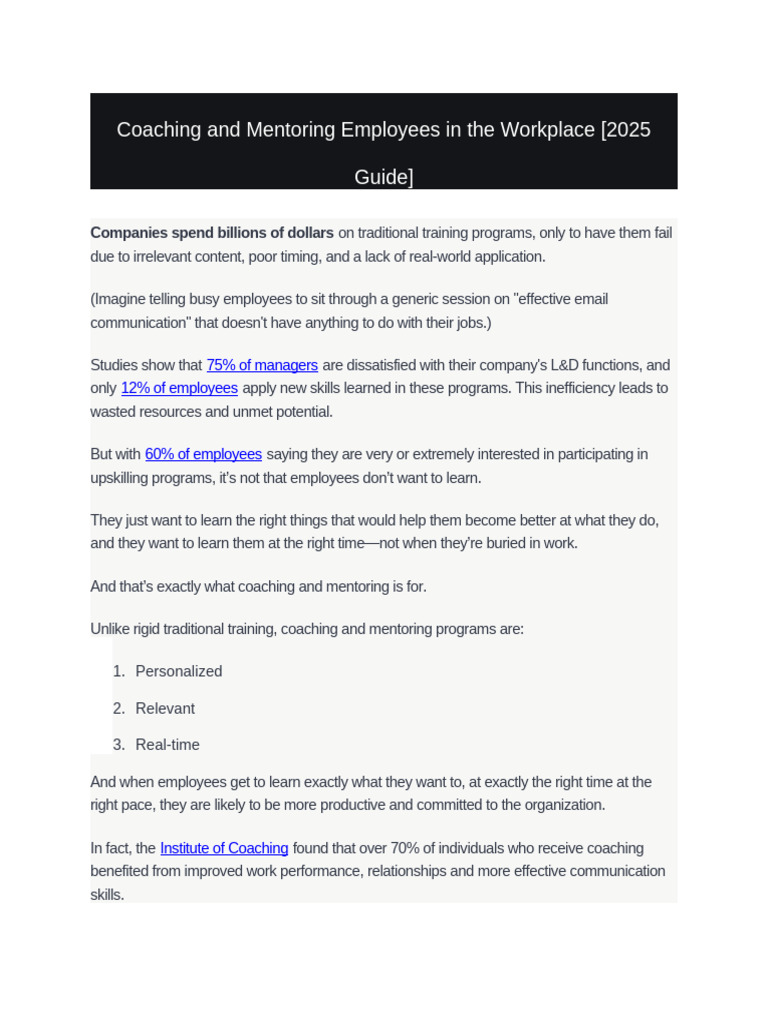 Effective Coaching & Mentoring Guide | PDF | Mentorship | Employee Retention