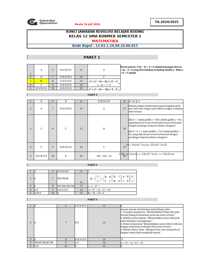 Kunci Koding Xii Sma SMT 1 - TP 24-25 Matematika - Revisi | PDF