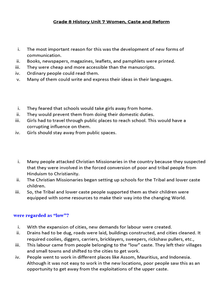 Grade 8 History 7 Women Caste and Reform Q L0a | PDF