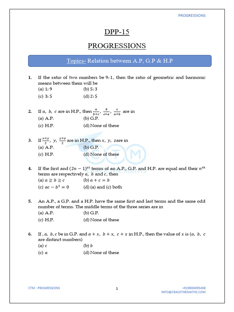 DPP-15 RELATION BETWEEN A.P, G.P, _ H.P.pdf | PDF | Mathematics | Arithmetic
