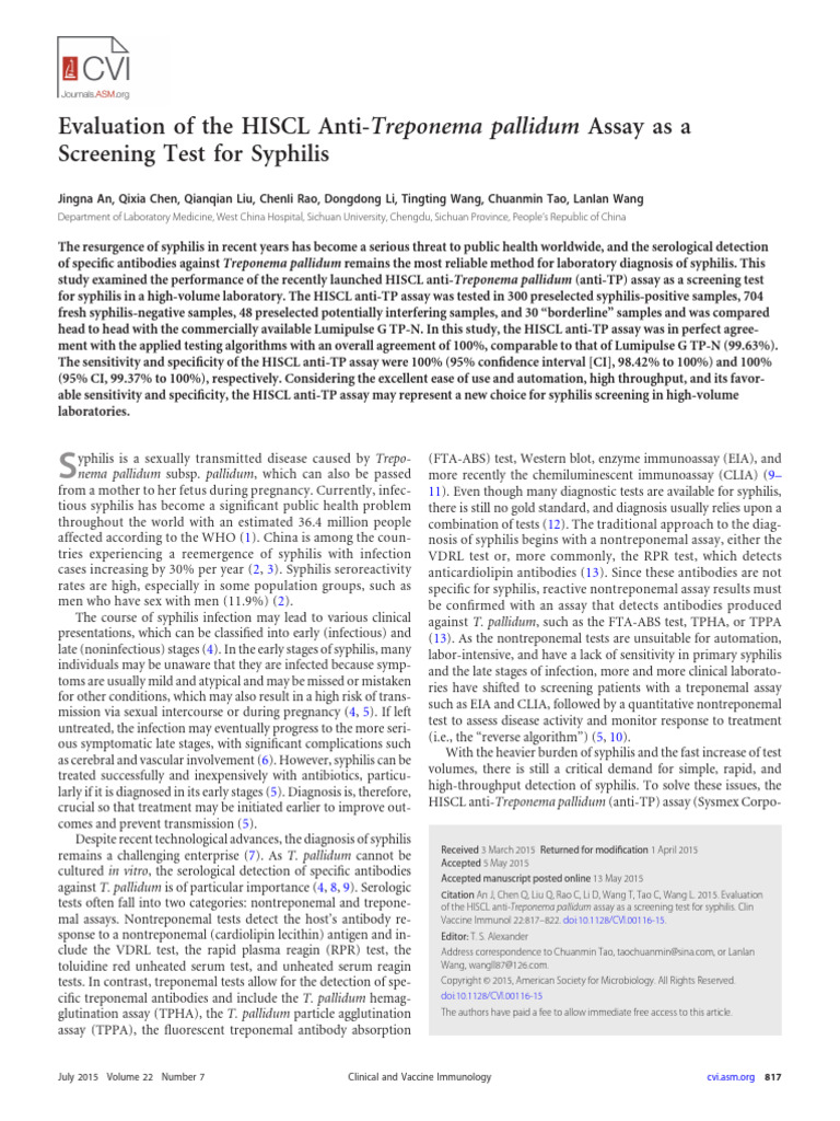An Et Al 2015 Evaluation of The Hiscl Anti Treponema Pallidum Assay As ...