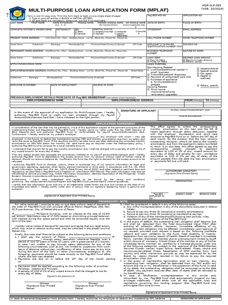 SLF065 MultiPurposeLoanApplicationForm V08 | PDF | Loans