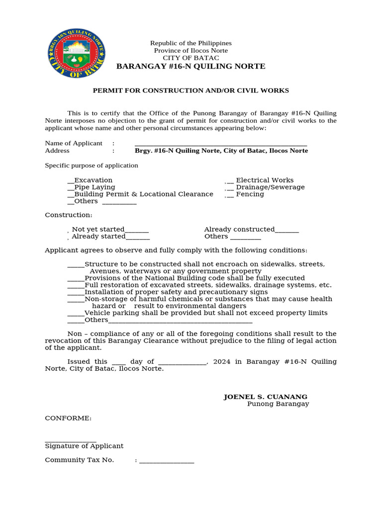 Barangay Construction Permit Certification | PDF | Safety