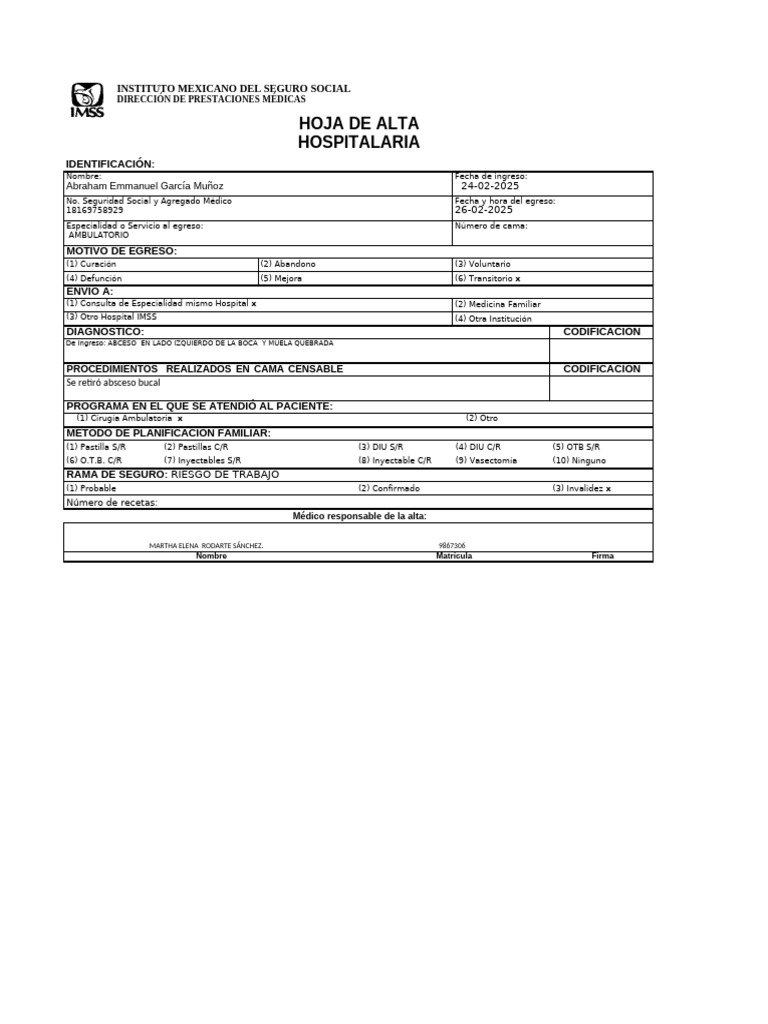 Alta Hospitalaria IMSS | PDF | Hospital | Especialidades Medicas