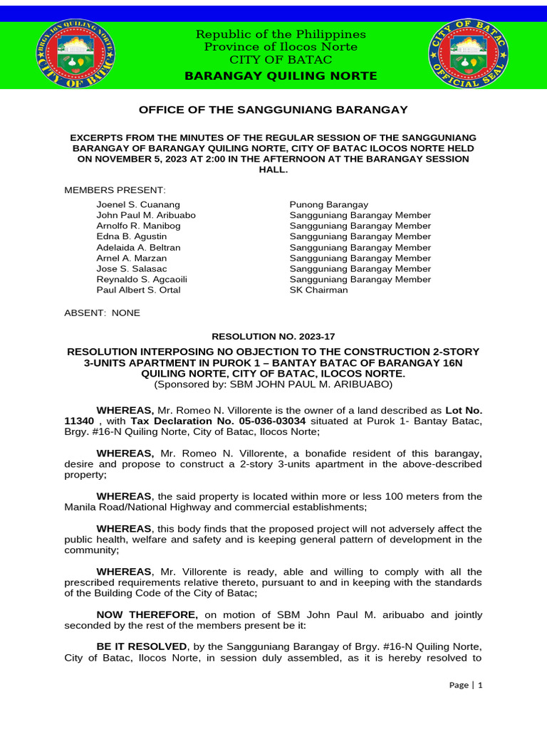 2023 BARANGAY RESOLUTION NO. 2023-17 - Resolution Interposing No ...