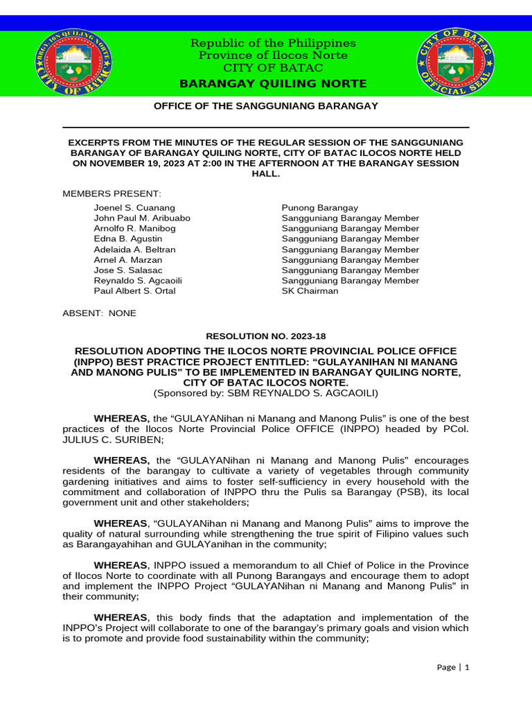 2023 BARANGAY RESOLUTION NO. 2023-18 - Resolution Adopting The Gulayanihan Ni Mamang-Pulis in ...