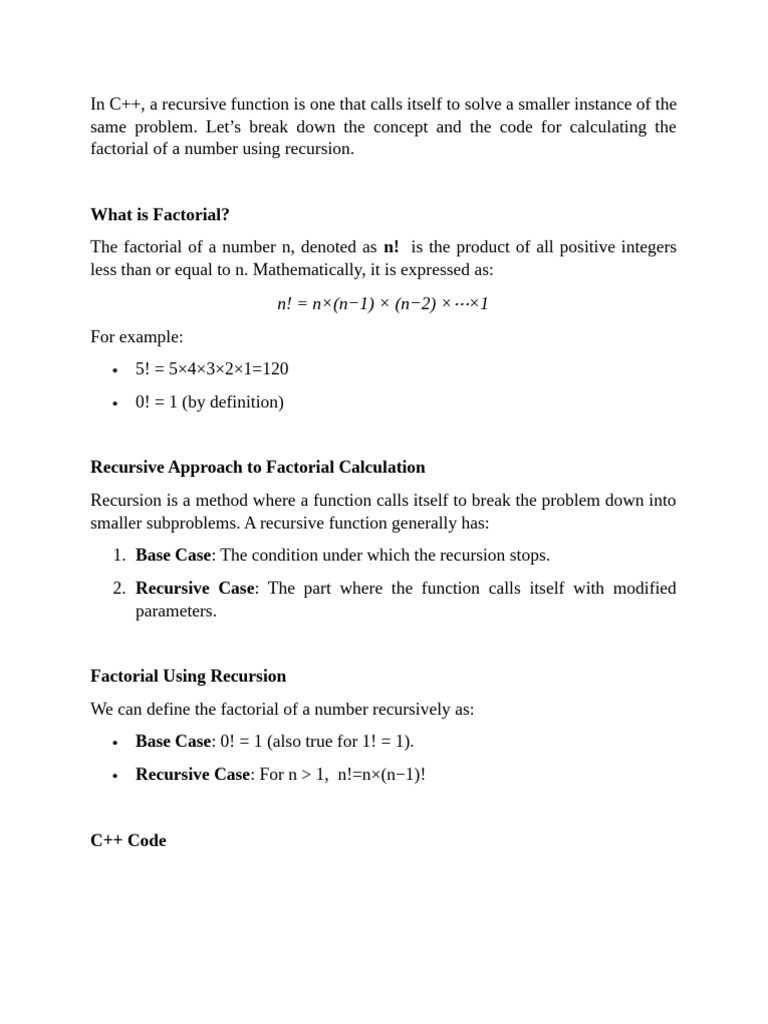 Recursive Factorial Calculation in C++ | PDF | Parameter (Computer Programming) | Software ...