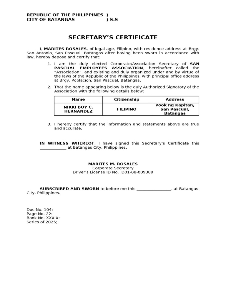 GENERALI Secretary's Certificate Template | PDF | Government And Personhood